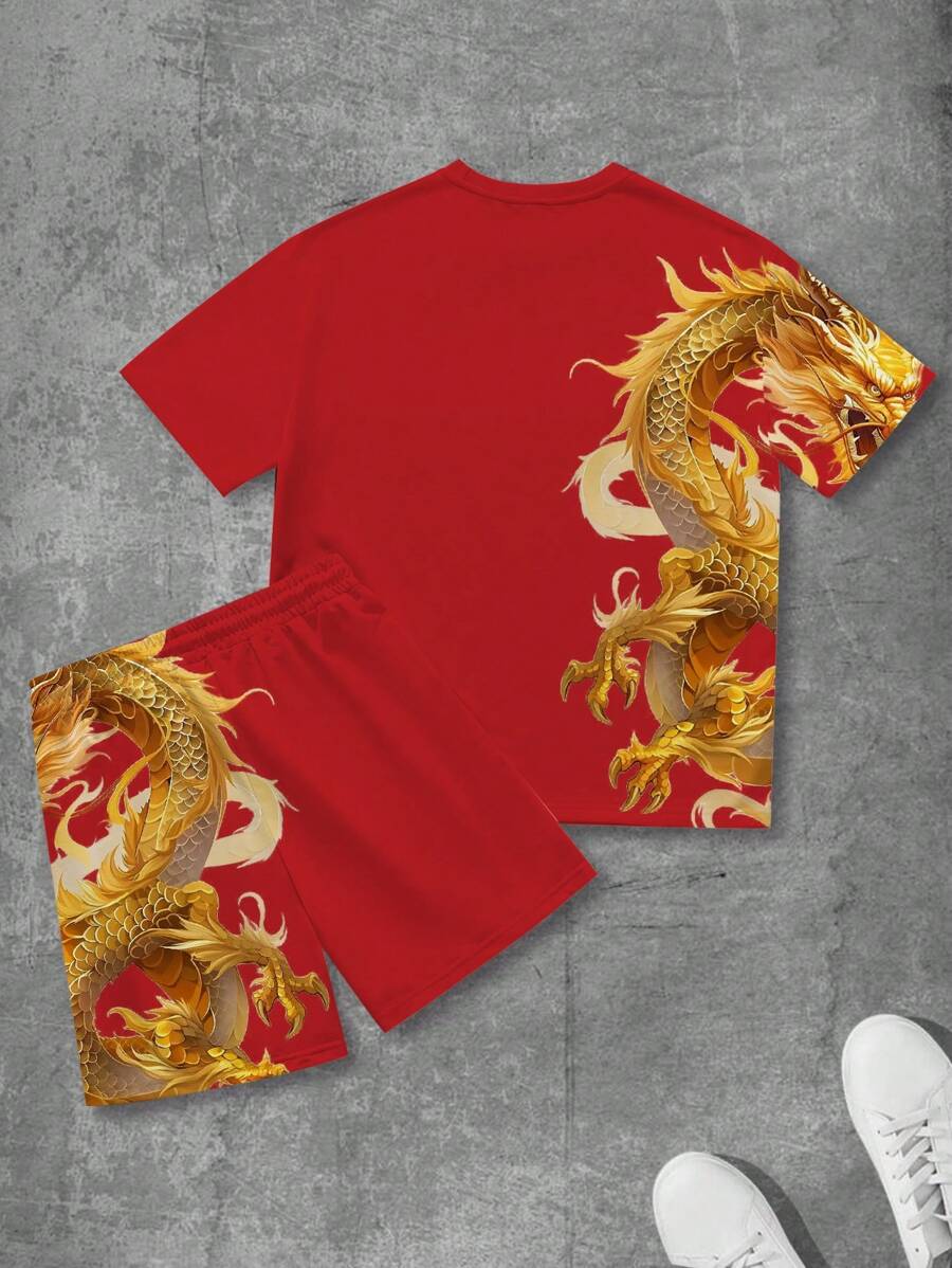 Manfinity LEGND Manfinity LEGND Red & Gold Dragon Dance Short Sleeve ...
