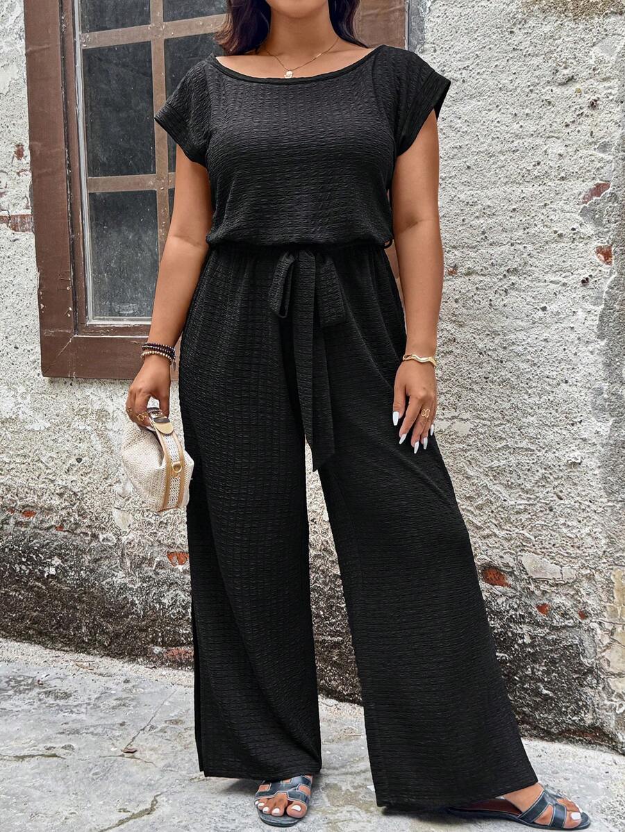 Luneh Plus Size Women Open Front Tie Waist Wide Leg Jumpsuit Rave ...