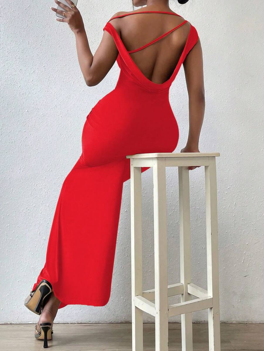 VaVaBold Draped Backless Split Thigh Dress Maxi Women Outfit | SHEIN USA