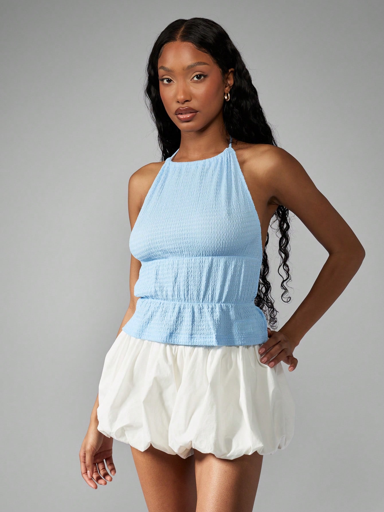 Summer Smocked Halter Top Backless Tie-Up Peplum Crop Top Bubble Hem ...