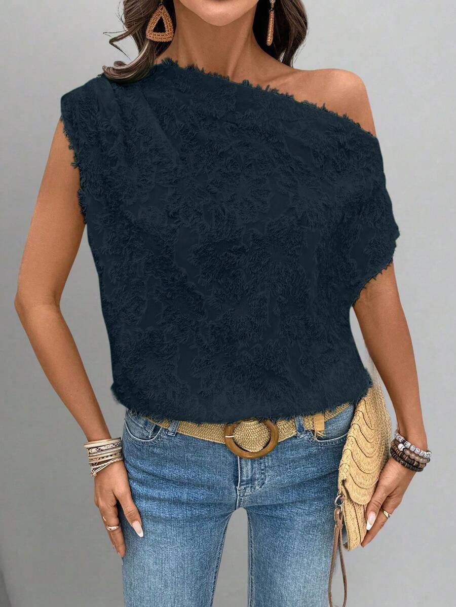 EMERY ROSE Blusa casual elegante solta com ombro assimétrico plissado ...