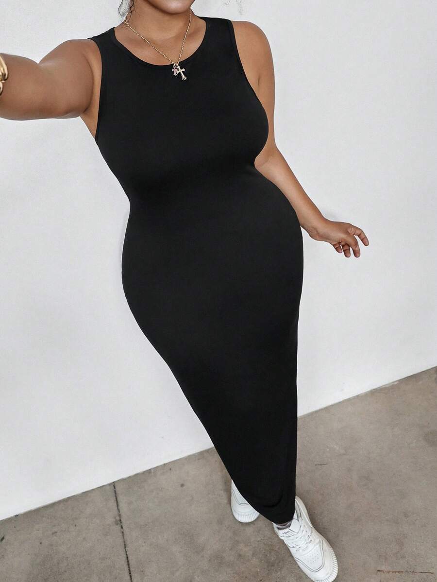 Dripcurv Plus Size Casual Bodycon Stretch Crew Neck Long Black Dress ...