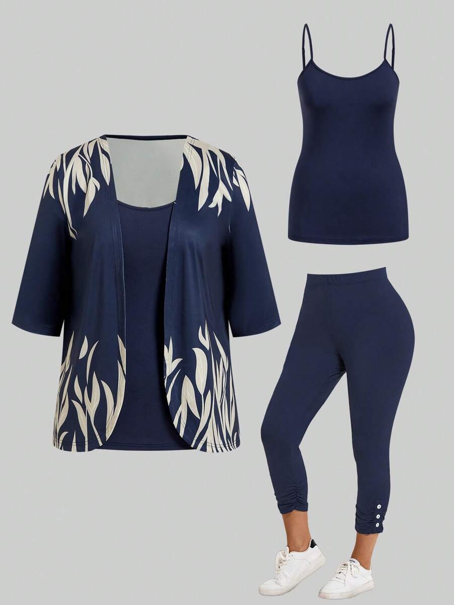 EMERY ROSE 3PCS Plus Size Women Plant Print Short Sleeve Cardigan ...