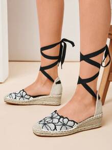 SHUZIA Alpargatas de mujer negras con flores bordadas y cordones para ...