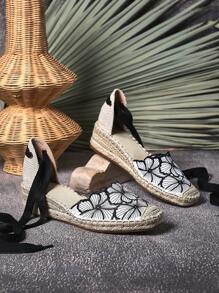 SHUZIA Alpargatas de mujer negras con flores bordadas y cordones para ...