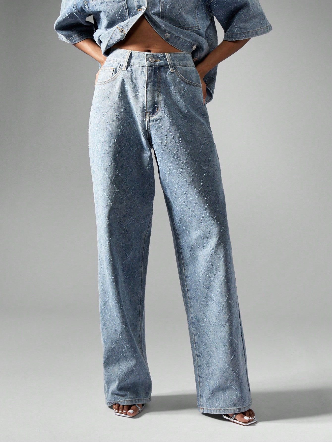 Mid Rise Baggy Quilted Diamond Pattern Denim Jeans Wide Relaxed Fit ...