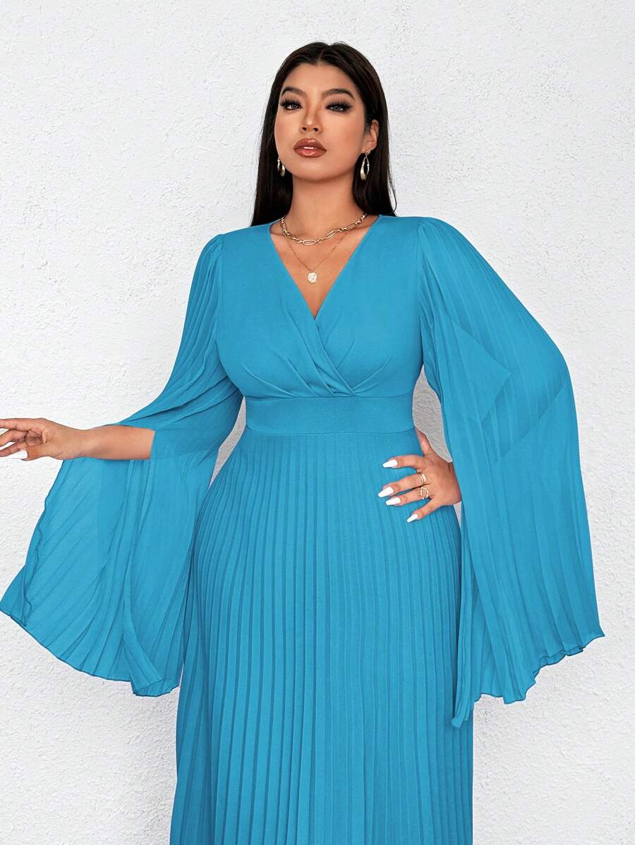Celure Plus Size Women Elegant Romantic V-Neck Pleated Open Slit Long Sleeve Dress Maxi Women ...