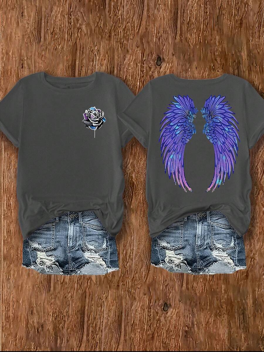 Chiquease Angel Wings & Rose Print Crew Neck T-Shirt, Casual Short ...