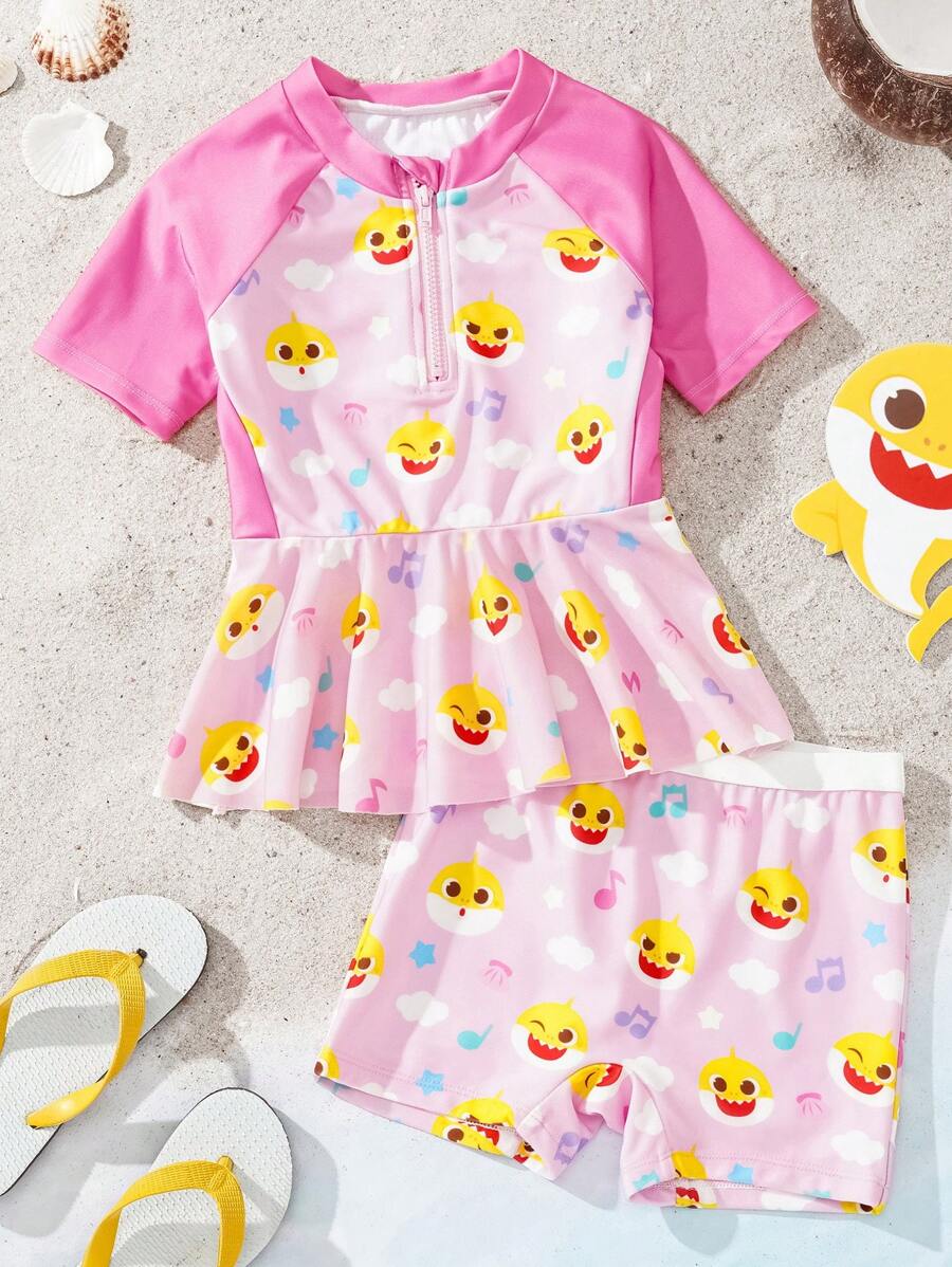 BABY SHARK X SHEIN Young Girl Summer Beach Cute Fish Print Tankini Set ...
