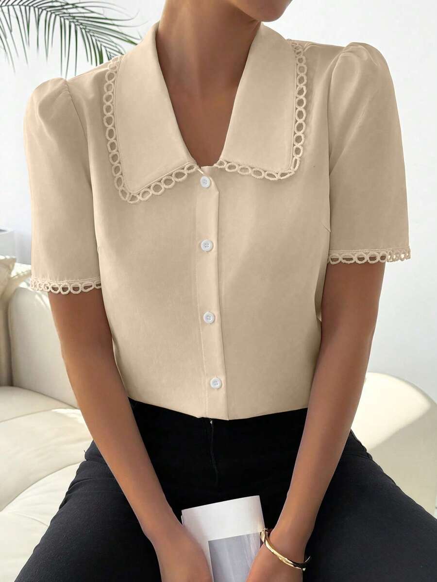 RosyDaze Floral Lace Patchwork Short Sleeve Shirt, Fashionable Suitable For Summer | SHEIN USA