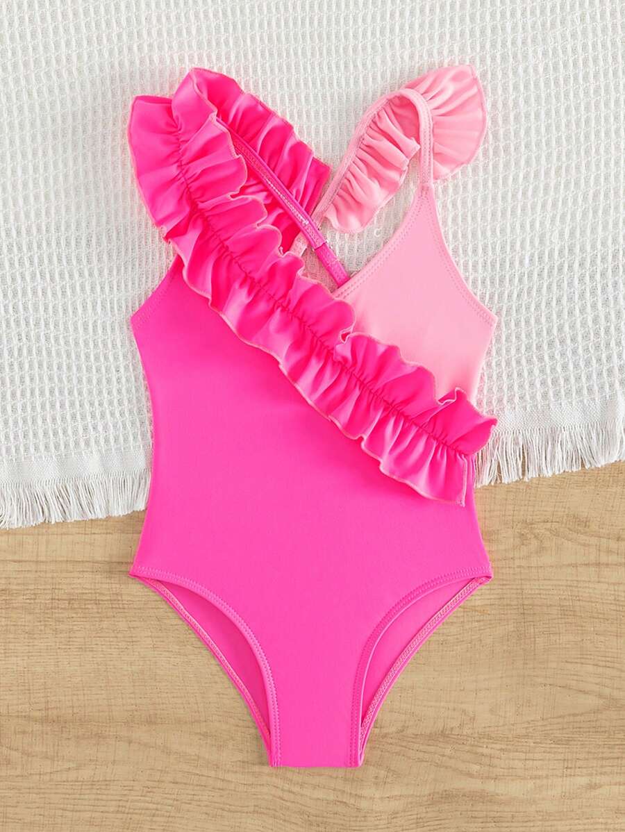 SHEIN 1pc Girls & Young Girl Colorblock One-Piece Swimsuit, Beach ...