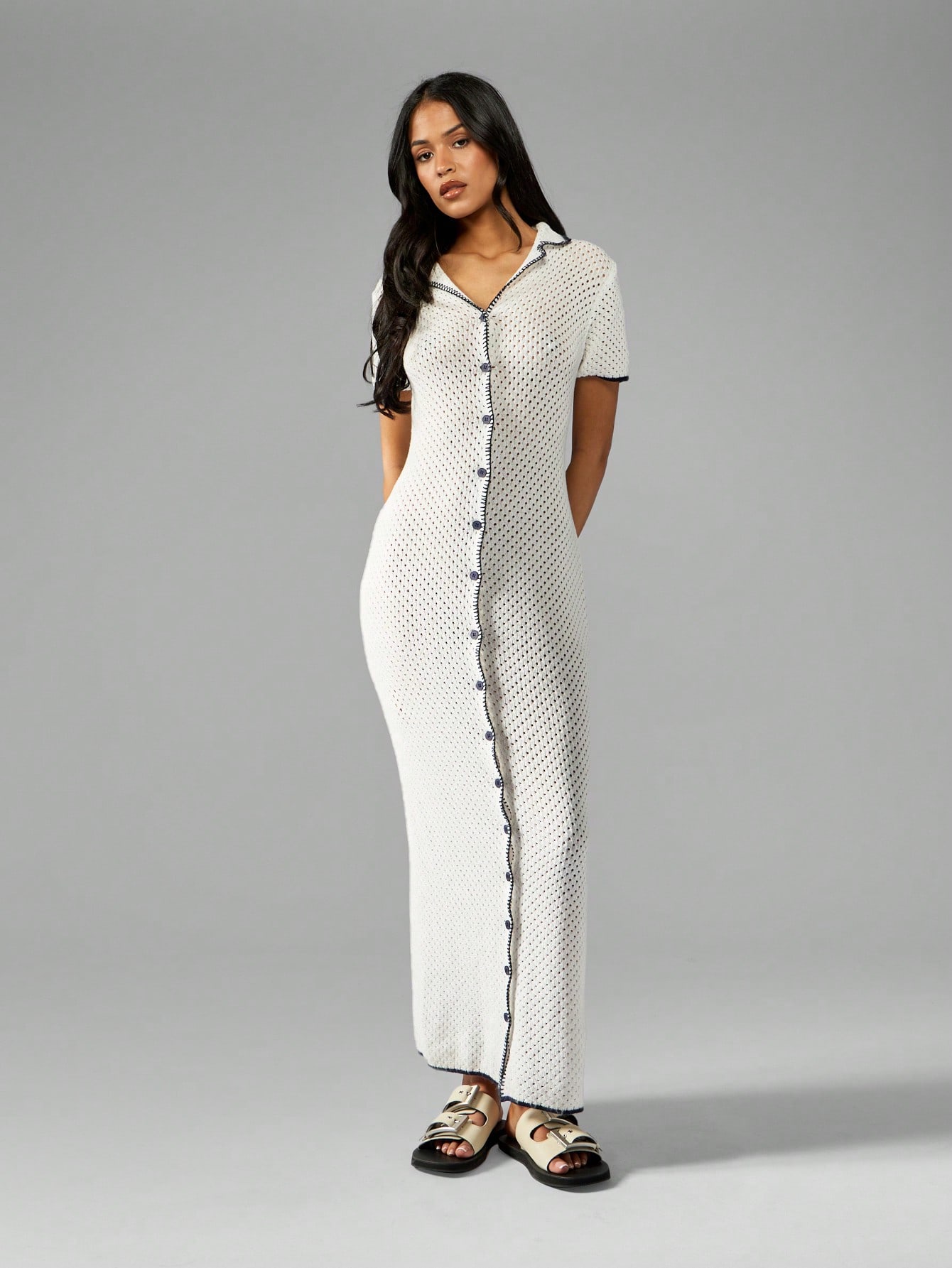 MISSGUIDED Women Button Through Knit Pointelle Long Dress｜MISSGUIDED