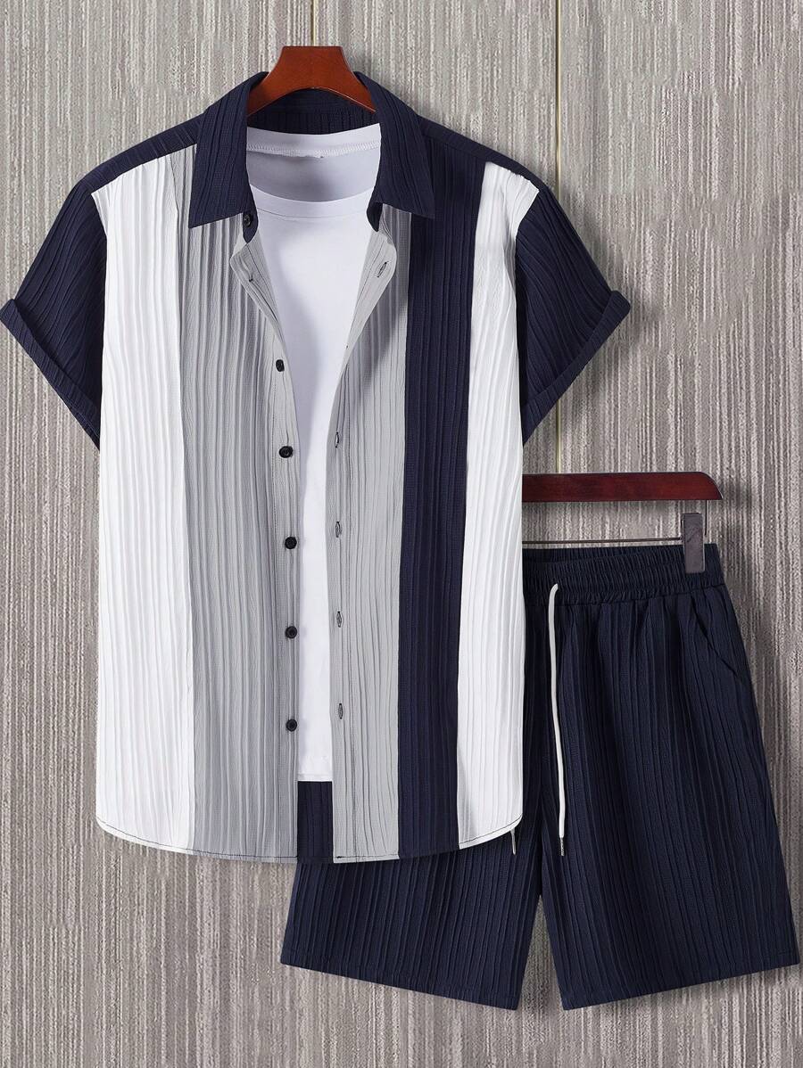 Manfinity Homme Men Stripe Print Short Sleeve Shirt And Shorts Casual ...