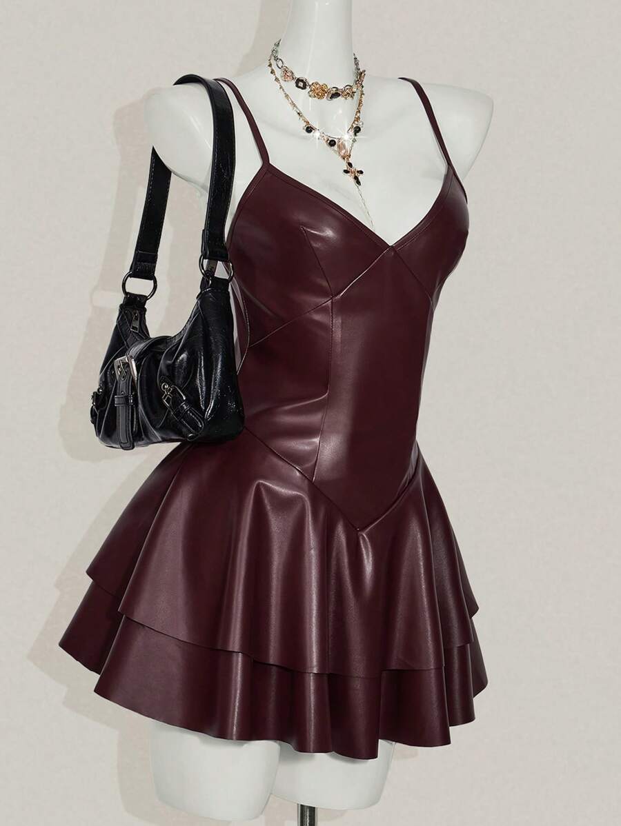 SHEIN ICON Y2K Women Burgundy PU Leather Sexy V-Neck Mini Slip Dress ...