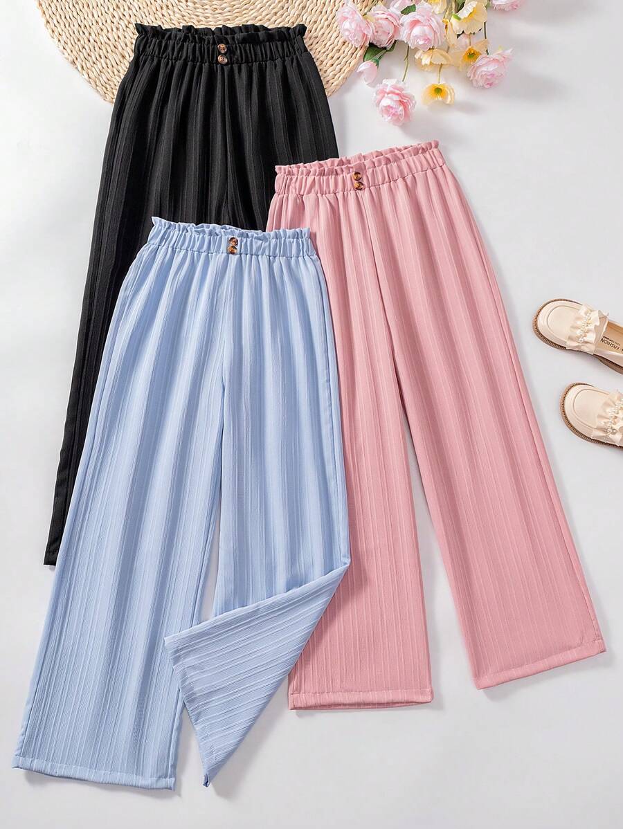 3 Pieces Set: Black Loose Textured Pants, Pink Loose Pants And Blue Textured Pants For Tween ...