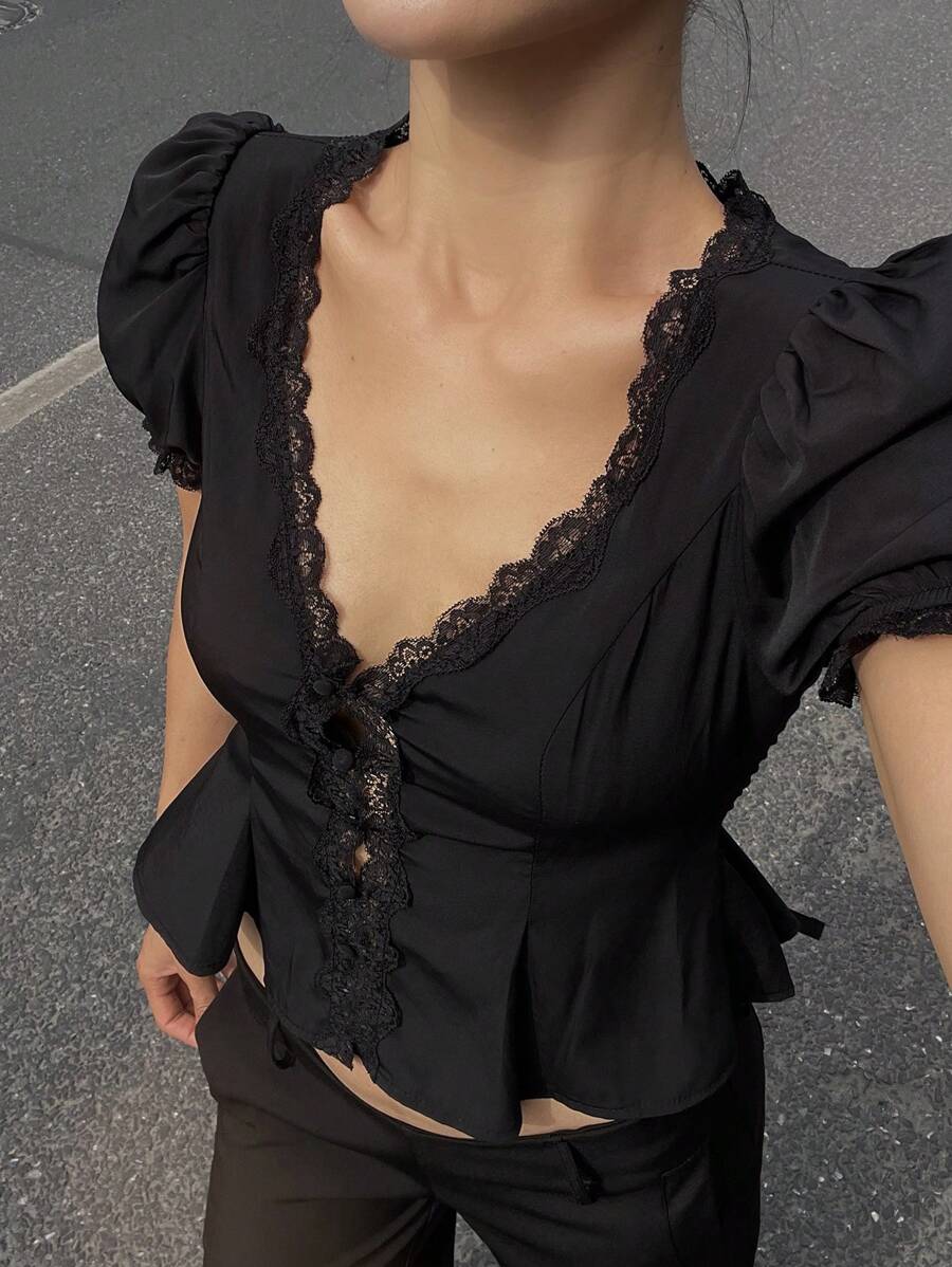DAZY Women Summer Black Contrast Lace V-Neck Puff Sleeve Blouse Babydoll Top Y2k | SHEIN USA