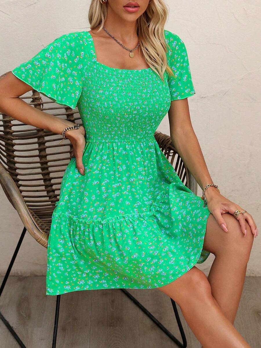 Breezaya Ditsy Floral Print Scoop Neck Ruffle Hem Dress Vacation Beach Outfits Women | SHEIN USA