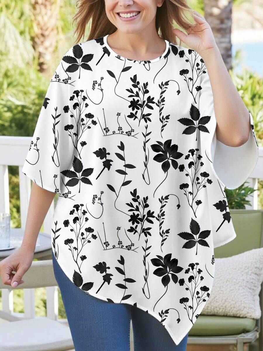 EMERY ROSE Plus Size Women Casual Floral Print Elegant Blouse, Suitable ...