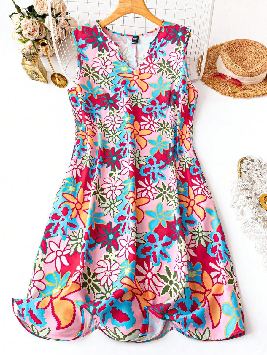 EMERY ROSE Plus Size Women Floral Print V-Neck Pocket Sleeveless Maxi Dress, Summer | SHEIN USA