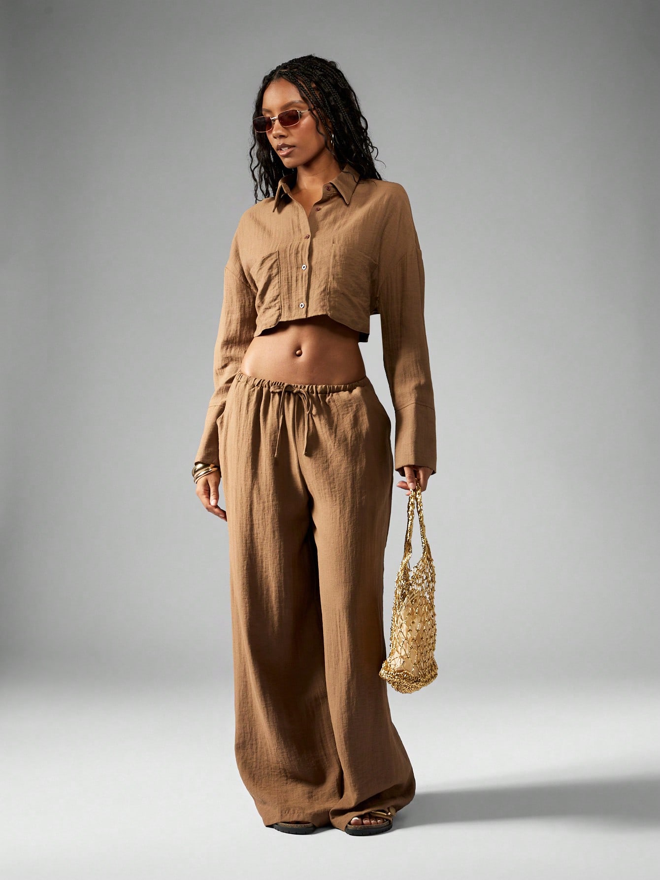 MISSGUIDED Linen Two Piece Loose Fit Crop Top Wide Leg Pants Set｜MISSGUIDED