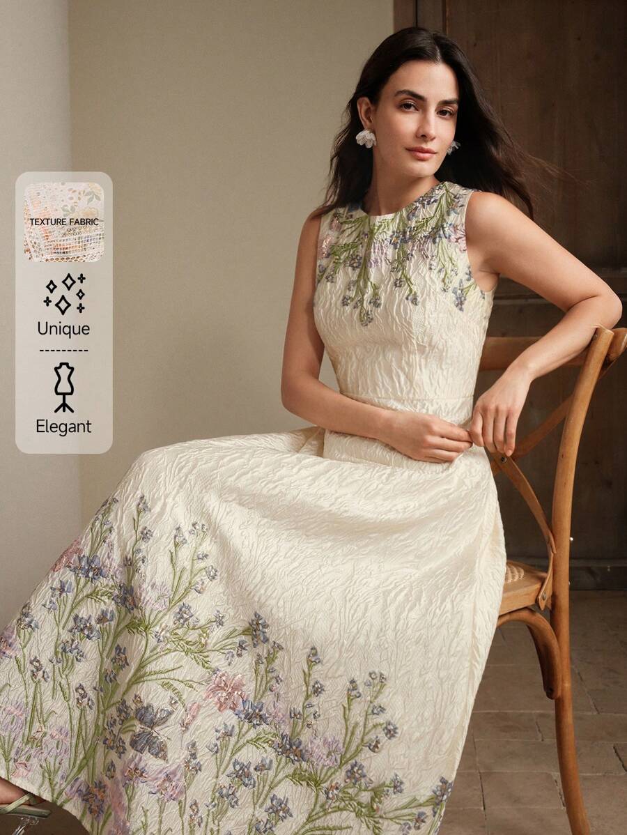 Anewsta Women's Elegant Romantic Date/Party Embroidered Floral Sleeveless Dress, Ideal For ...