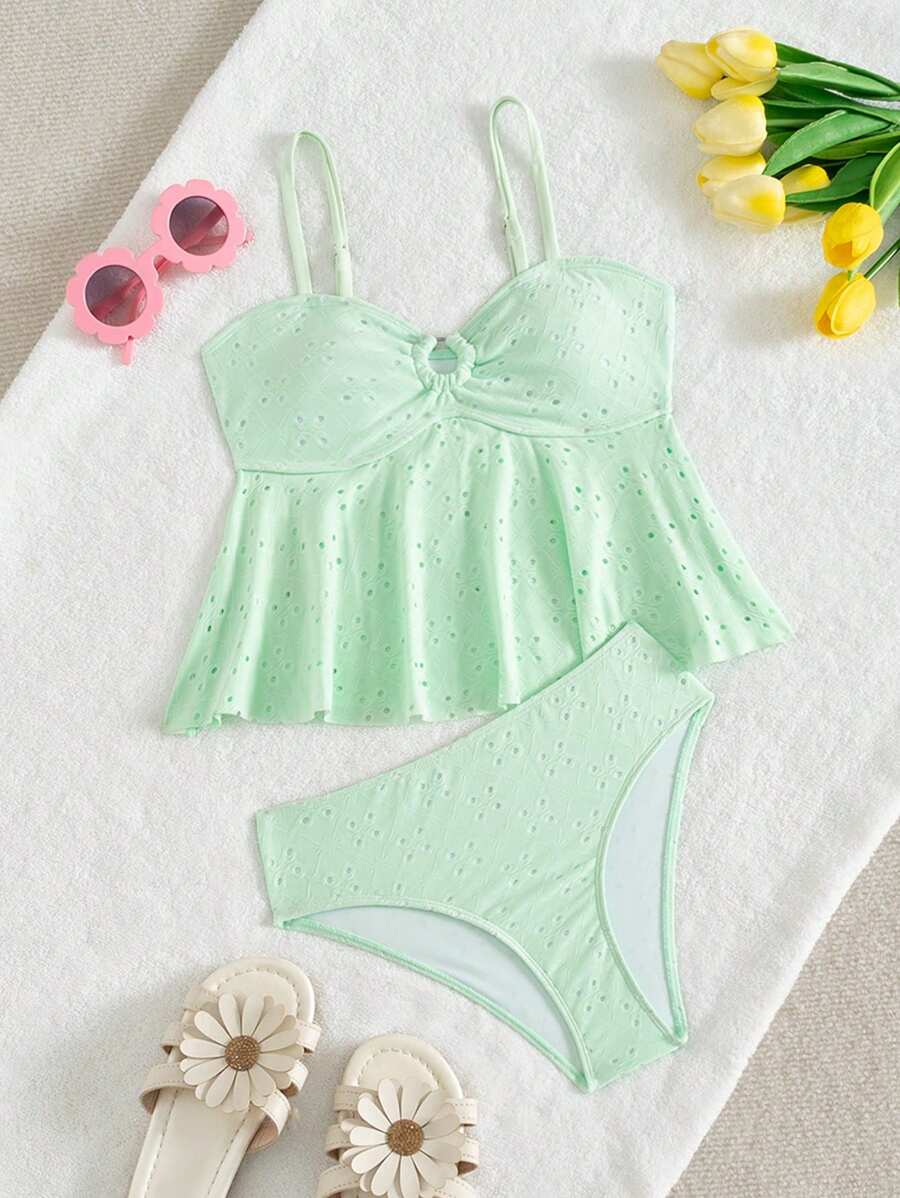 SHEIN Tween Girls Tankini Set, Solid Color Hollow Ruffled Bikini ...