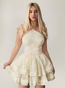 Sweetina Jacquard Fabric Cake-Layered Halter Mini Dress | SHEIN USA
