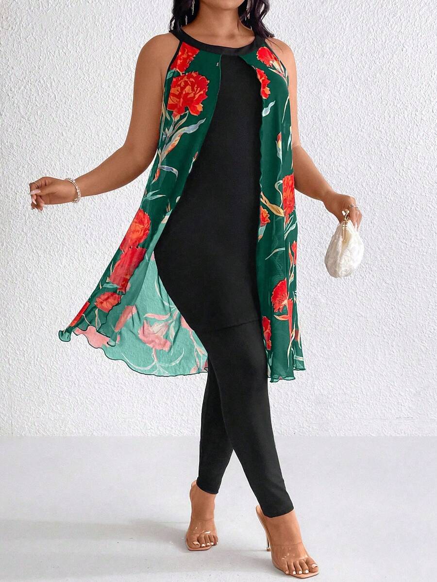 SHEIN LUNE 2pcs/Set Women Mesh Print Splicing Halter Top & Leggings Set ...