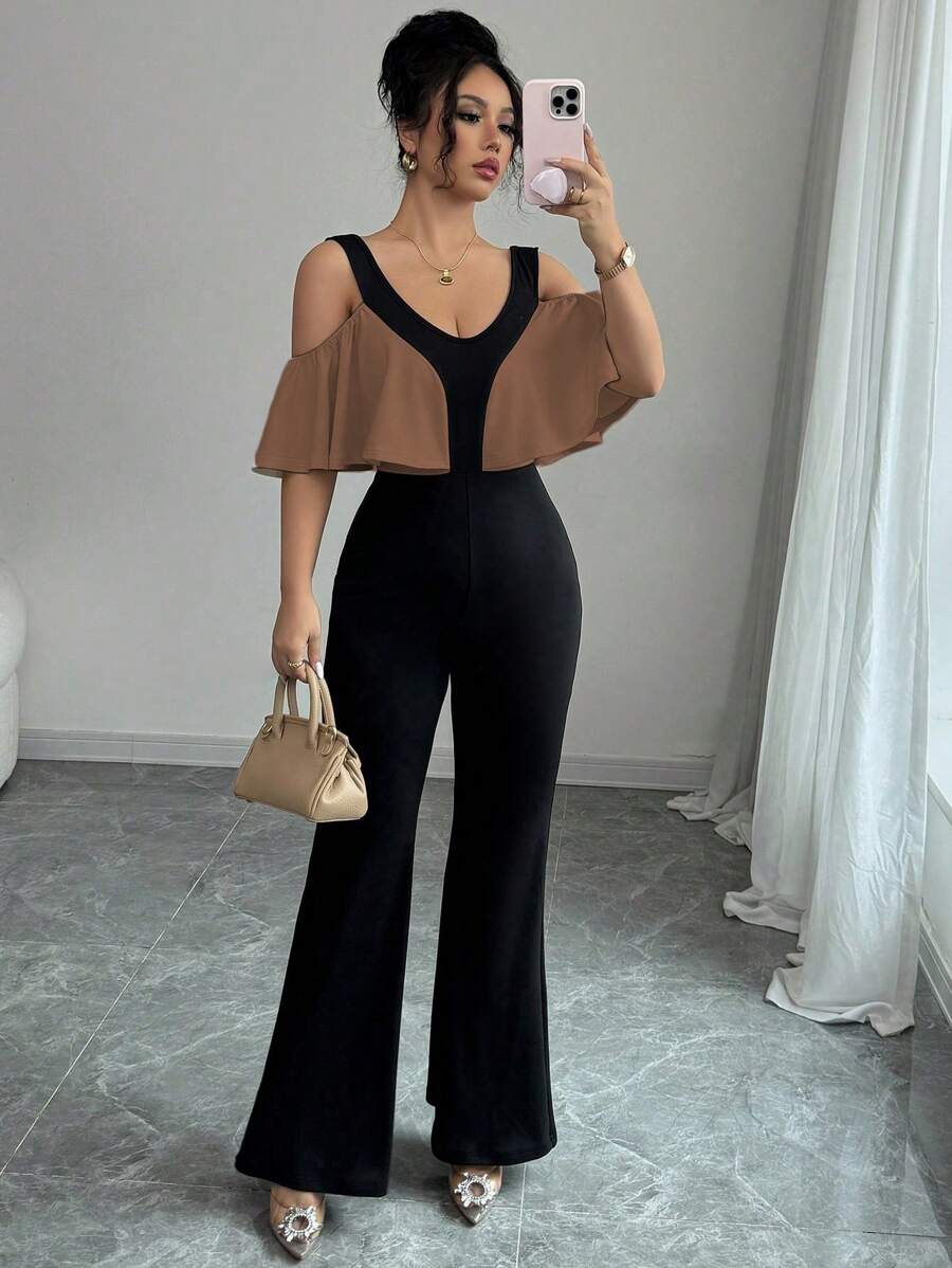Gloray Women's Elegant Color Block Off-Shoulder Ruffle Jumpsuit | SHEIN USA