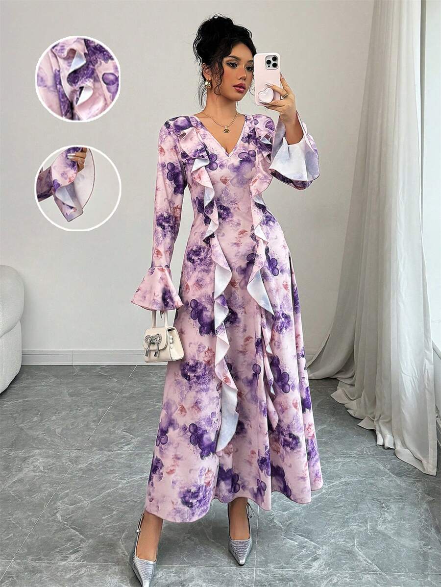 Modelyn Women's Chiffon Floral Print Dress Fall Cloth For Women | SHEIN USA