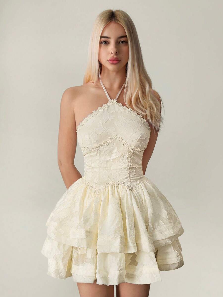 Sweetina Jacquard Fabric Cake-Layered Halter Mini Dress | SHEIN USA