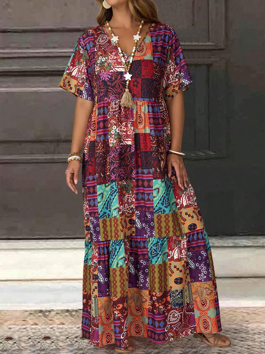 EMERY ROSE Plus Size Women Floral Print V-Neck Short Sleeve Casual Dress,Summer Outfits For ...