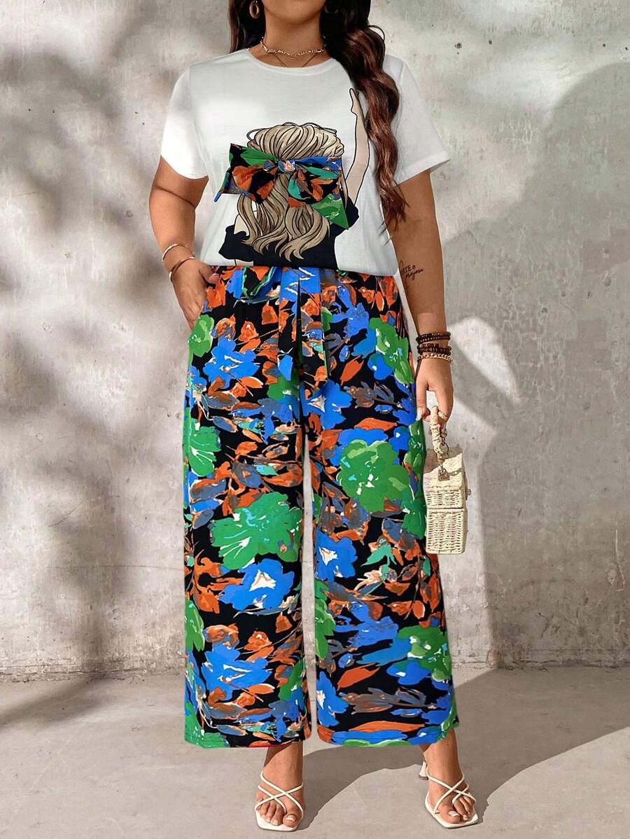 SHEIN LUNE Plus Size Summer Casual Portrait Graphic Short Sleeve T ...