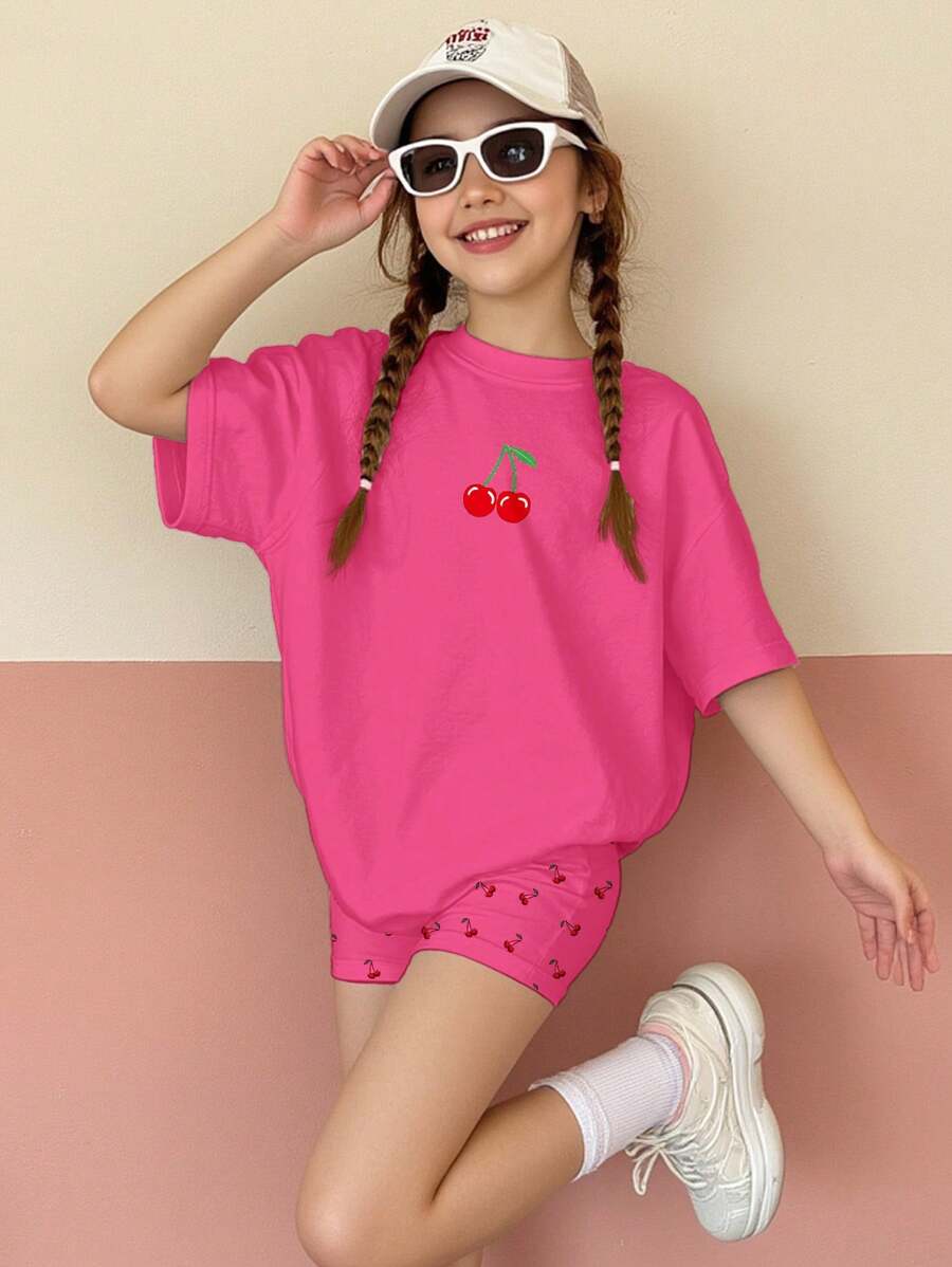 SHEIN 2pcs/Set Tween Girl Casual Minimalist Short Sleeve T-Shirt And Shorts, Suitable For Summer ...