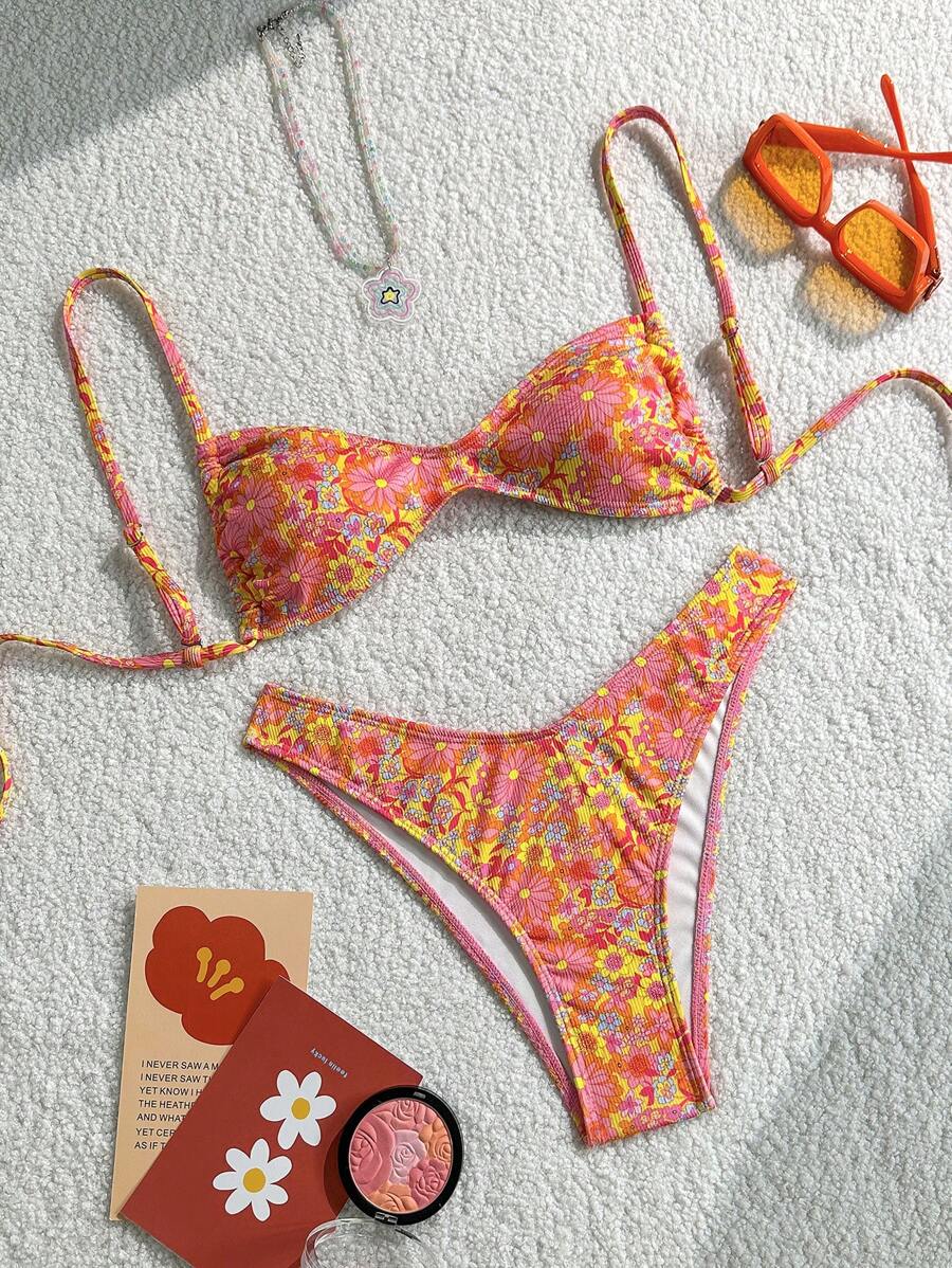 Swim Mod 2 Pieces Set, Summer Holiday Random Print, Ribbed Texture ...