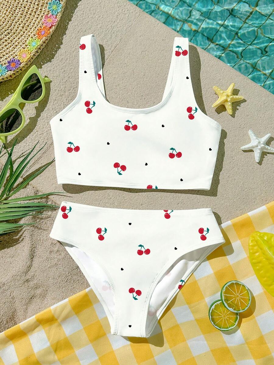 Cute Mini Heart & Cherry Print Tween Girls Casual Simple Camisole And ...