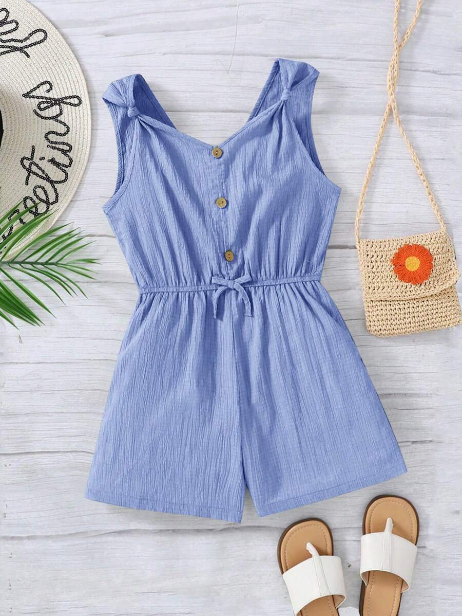 Tween Girl Twist Vest-Style Casual Romper With Front Buttons Decorated ...