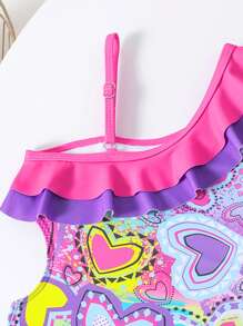 SHEIN Young Girl Heart Print Ruffled One Piece Asymmetric Neckline ...