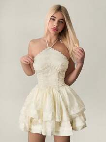 Sweetina Jacquard Fabric Cake-Layered Halter Mini Dress | SHEIN USA
