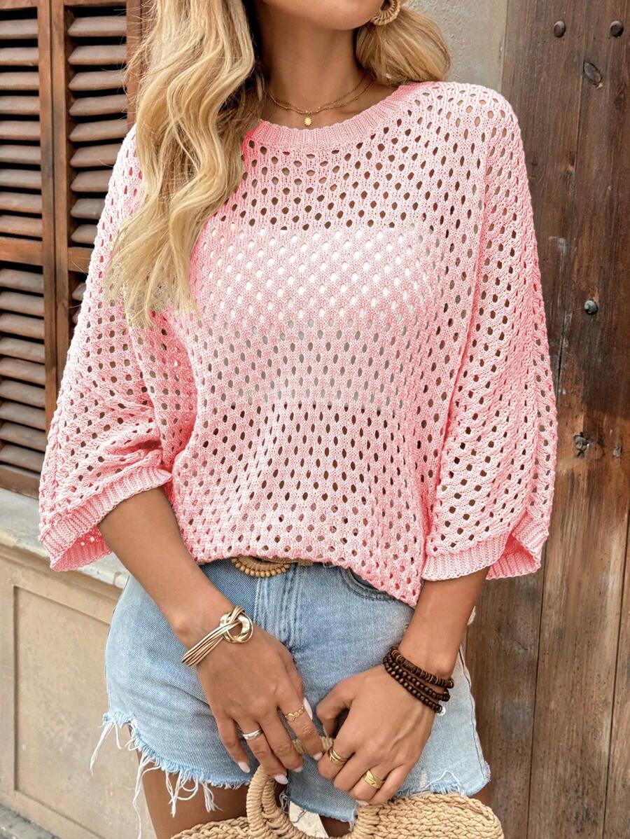 EMERY ROSE Casual Loose Fit Crew Neck Batwing Sleeve Hollow Knitted ...