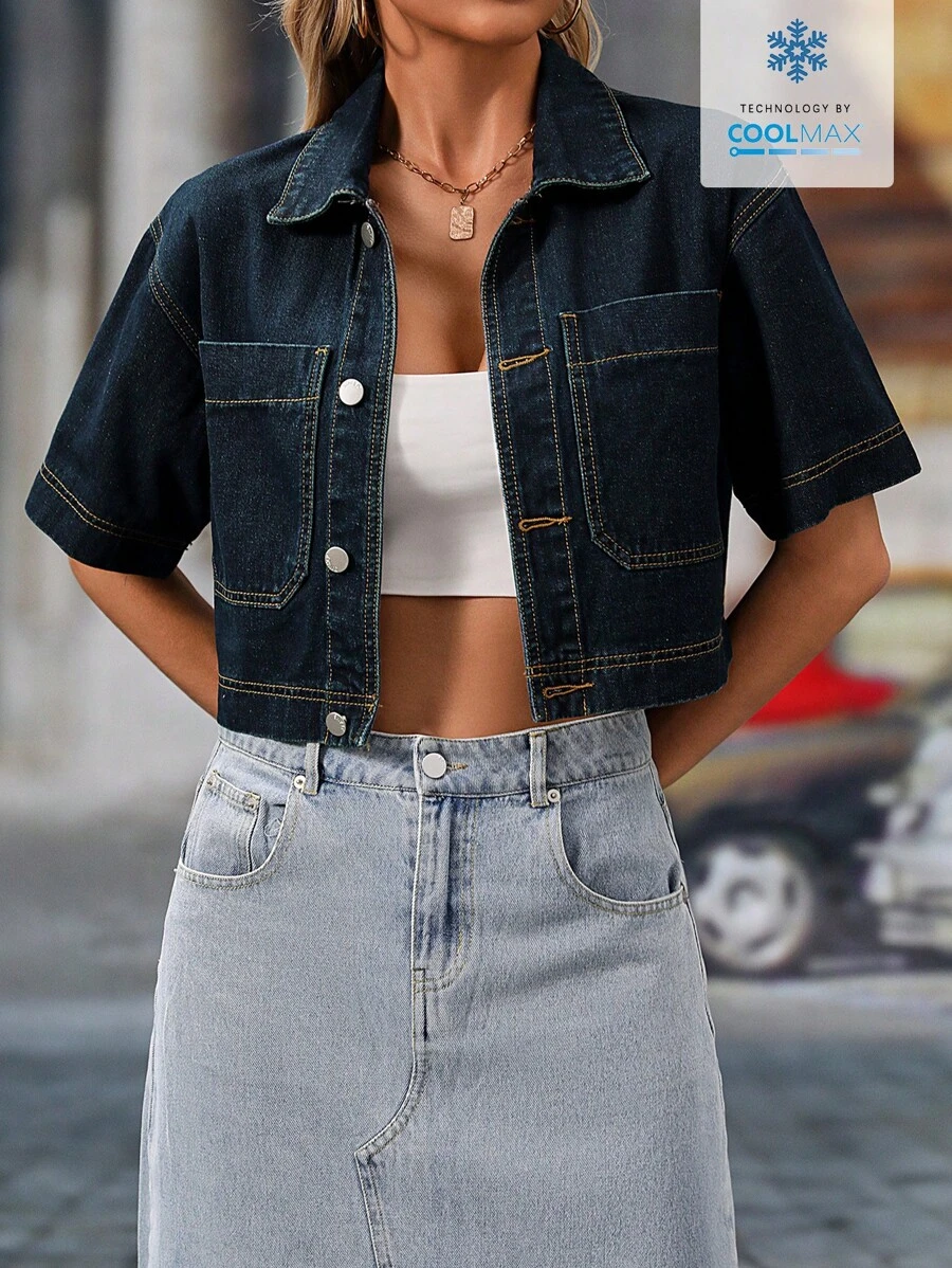 SHEIN Essnce Summer Casual Short Sleeve Cropped Denim Jacket | SHEIN USA