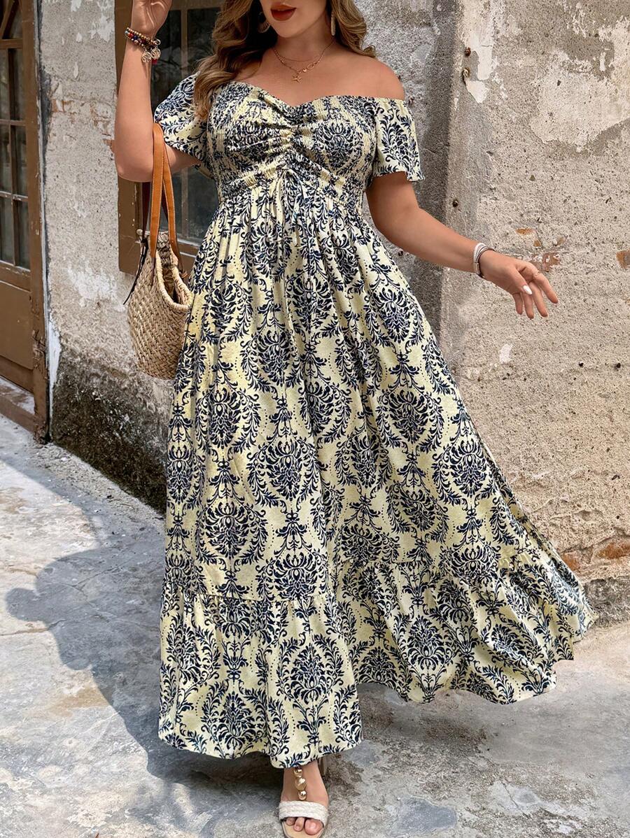 Flirla Plus Size Women Elegant Off Shoulder Cinched Waist High Slit ...