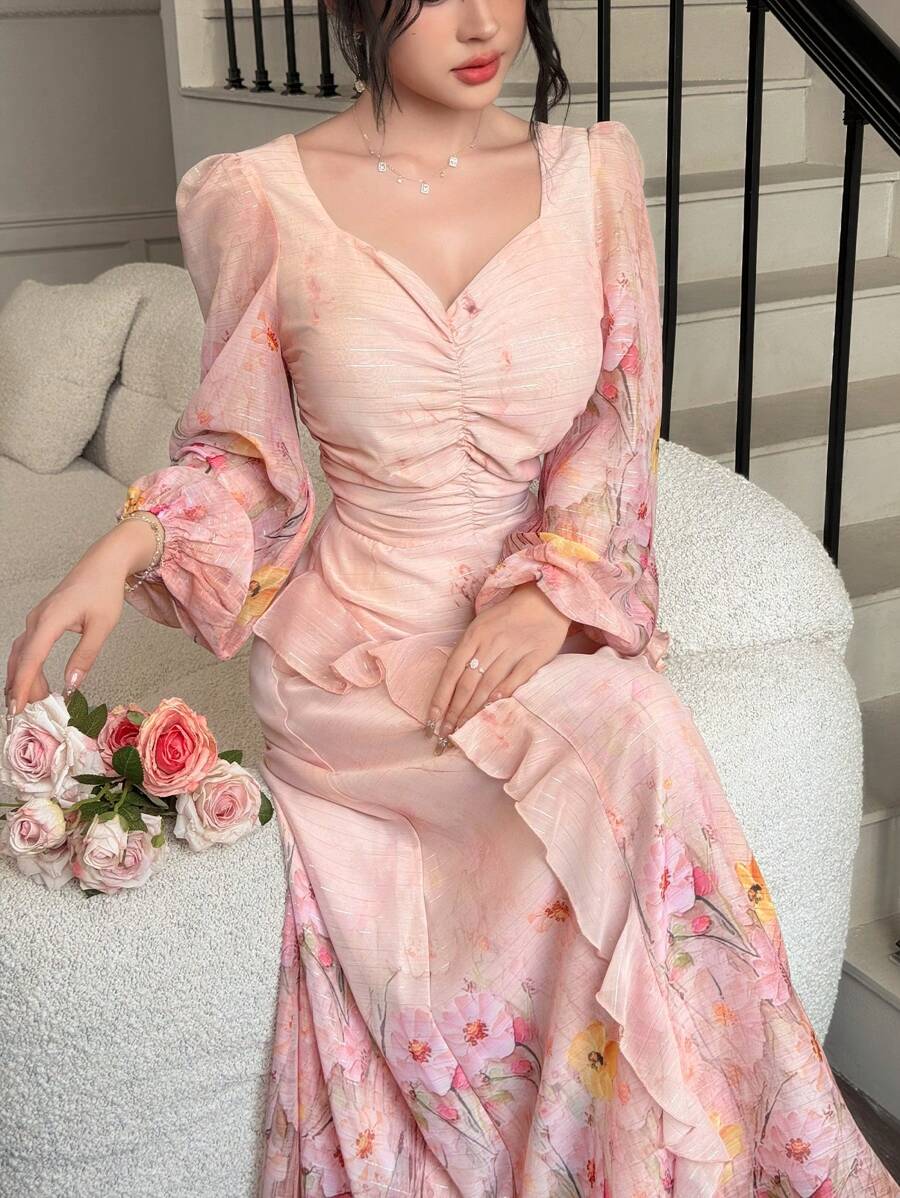 Modelyn V-Neck Fitted Waist Design Floral Print Fairy Midi Dress, For Spring/Summer | SHEIN USA