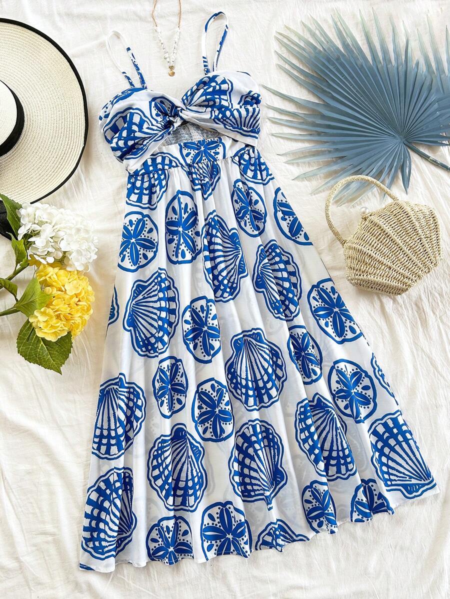 Soleia Women's Ocean Shell Print Sleeveless Twist Front Beach Dress ...