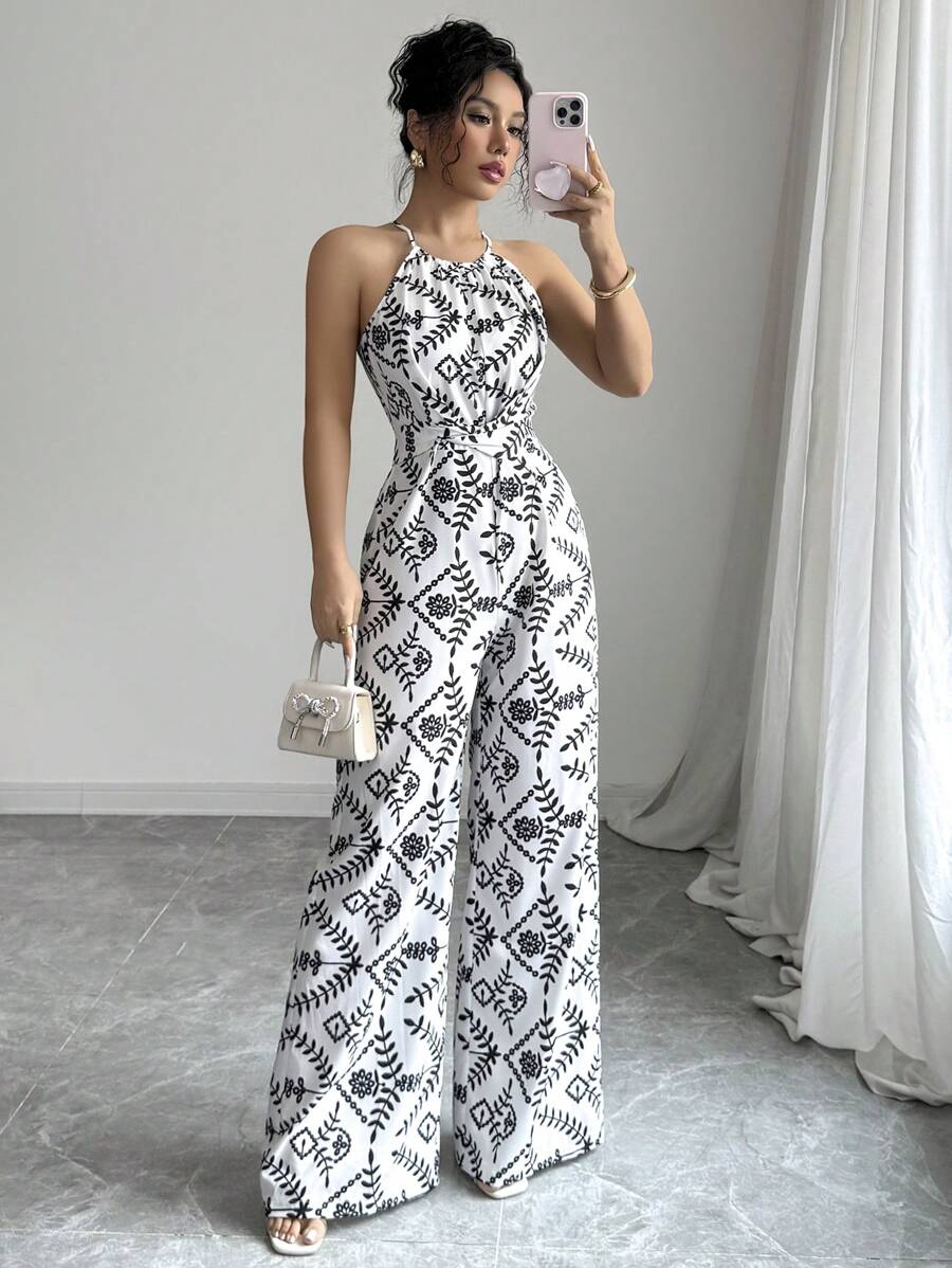 Elenzga 1pc Women's Printed Fabric Cinched Waist Jumpsuits, Elegant ...