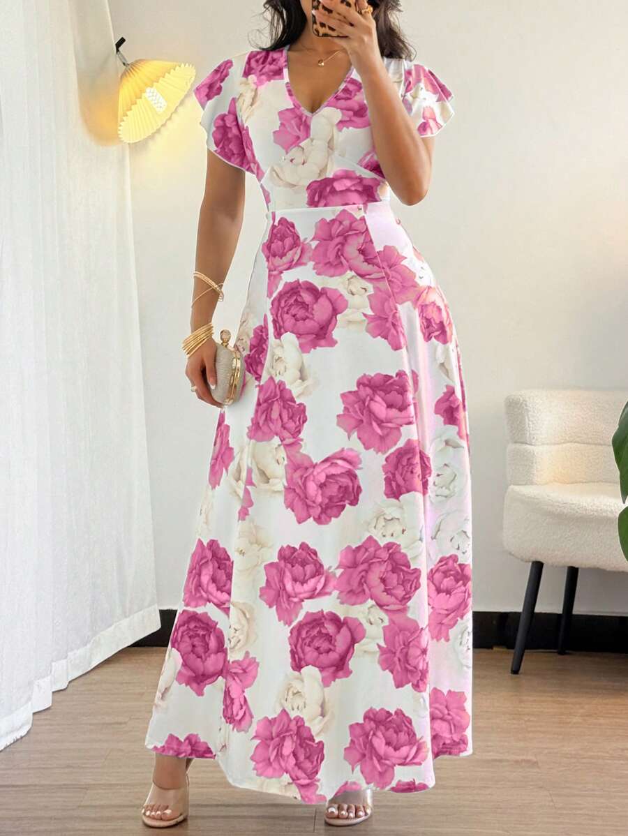 SHEIN VCAY CURVE Abito lungo con scollo a V, con volant e stampa ...