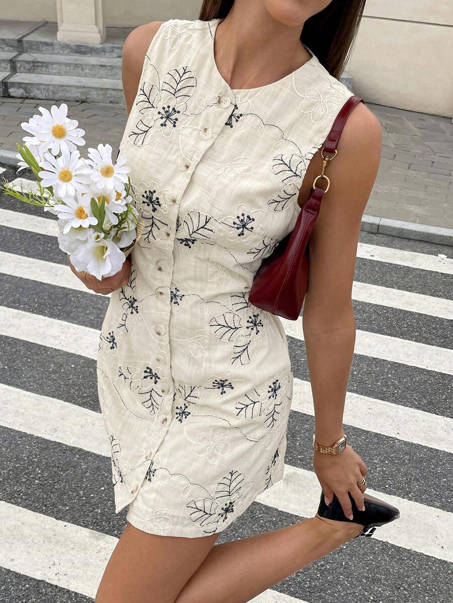 Serisse Women Floral Embroidered Single-Breasted Round Neck Sleeveless ...