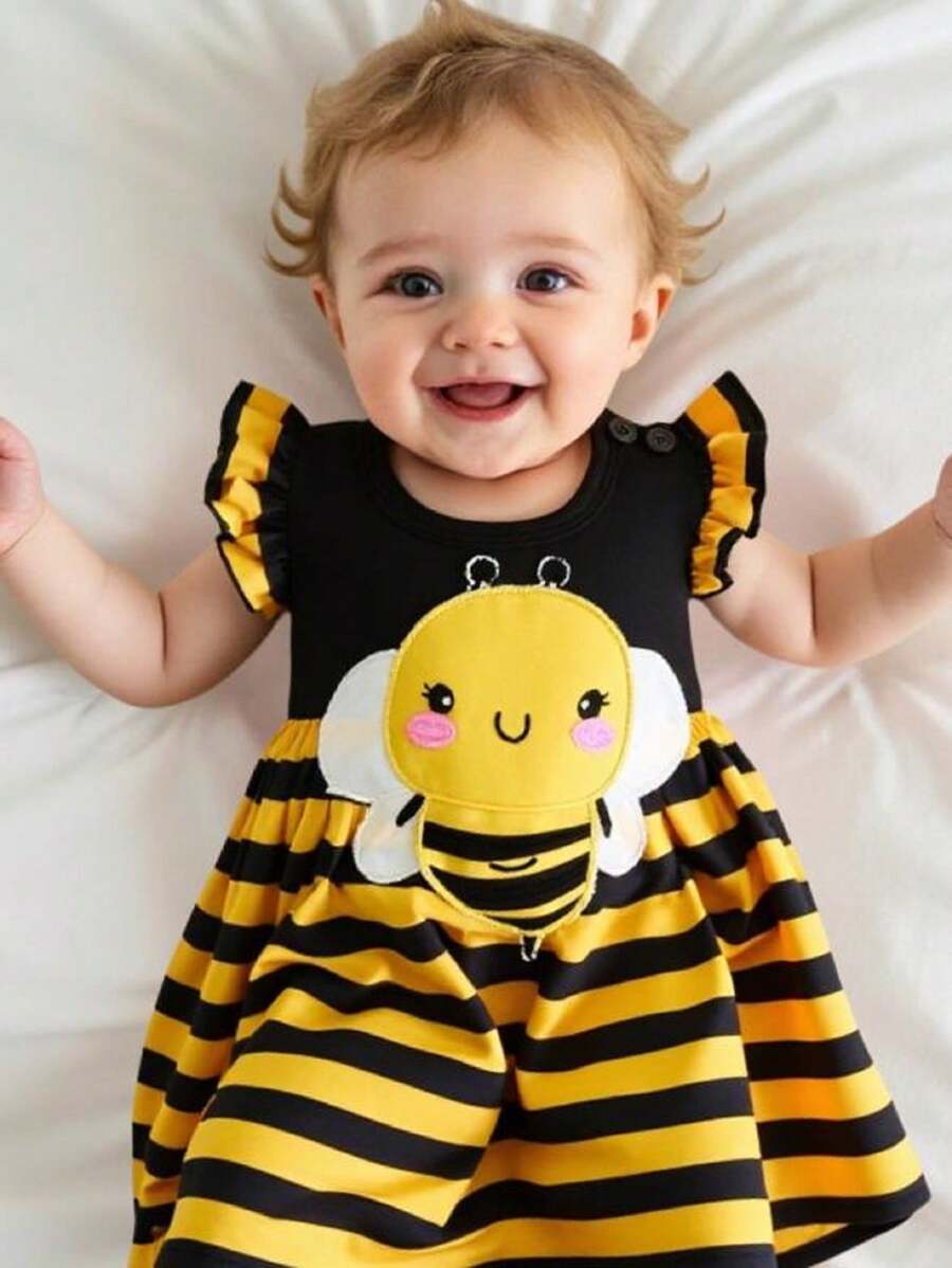 SHEIN Infant Baby Girls Cute Bee Pattern Knitted Dress With Headband ...
