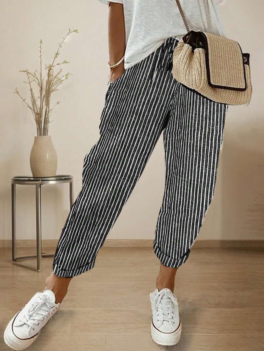 Breezaya Casual Elastic Waist Stripe Straight Leg Pants With Slant ...