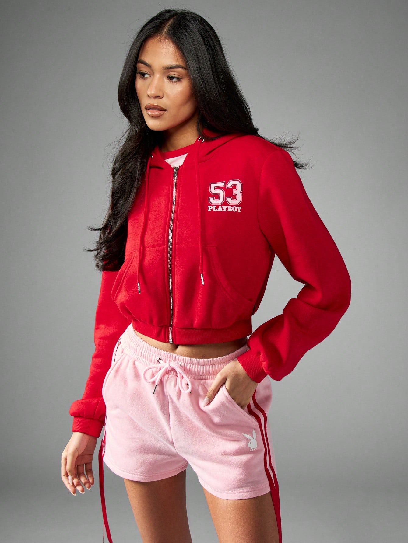 Missguided x Playboy Cropped Athleisure Zip Up Hoodie Sweatshirt With ...